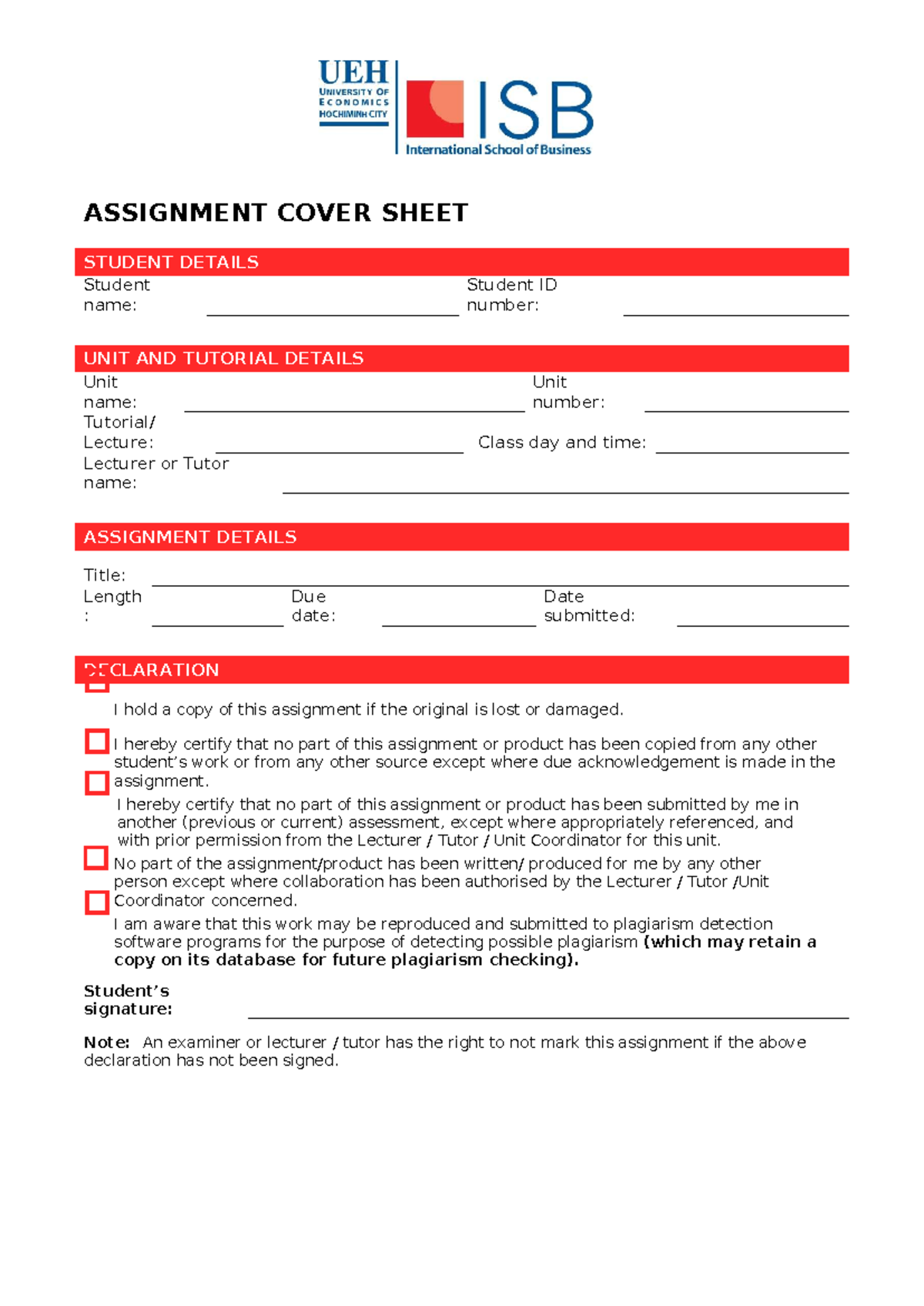 Individual Assignment Cover Sheet ISB - Studocu