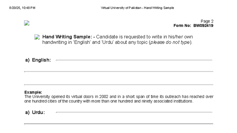 VU Hand Writing Sample - Form No: BW092419 (Page 2) - Studocu