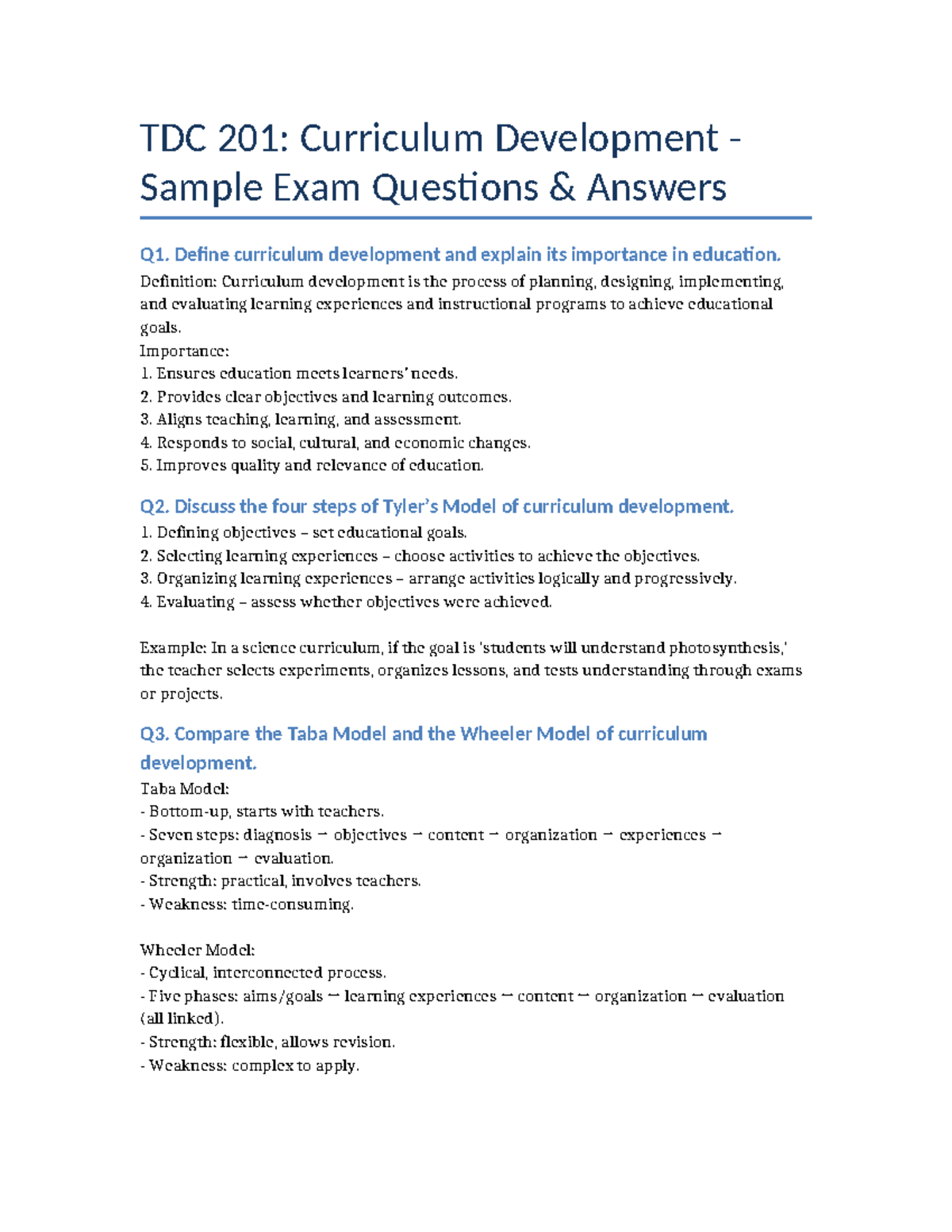 TDC 201: Curriculum Development Sample Exam Q&A - Studocu