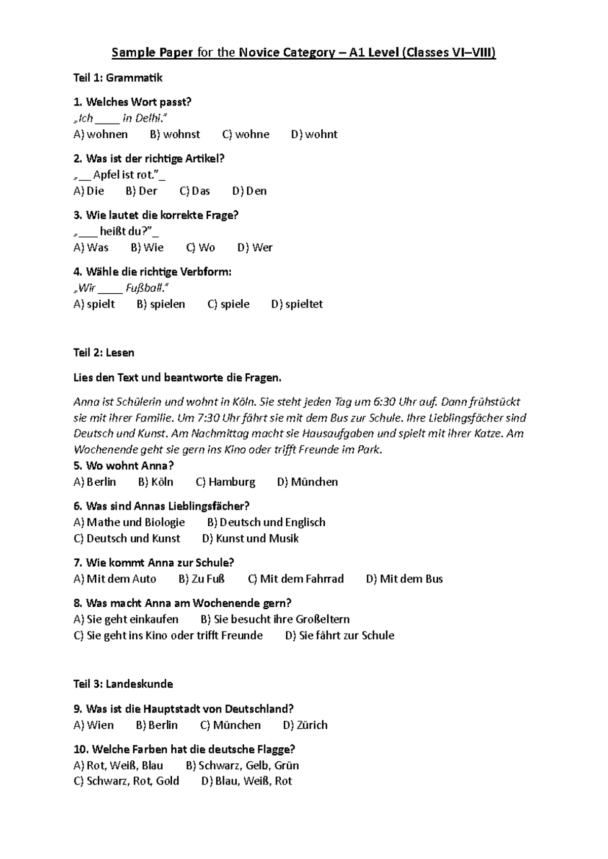 Sample Papers for A1 & A2 Level German Language Exam - Studocu