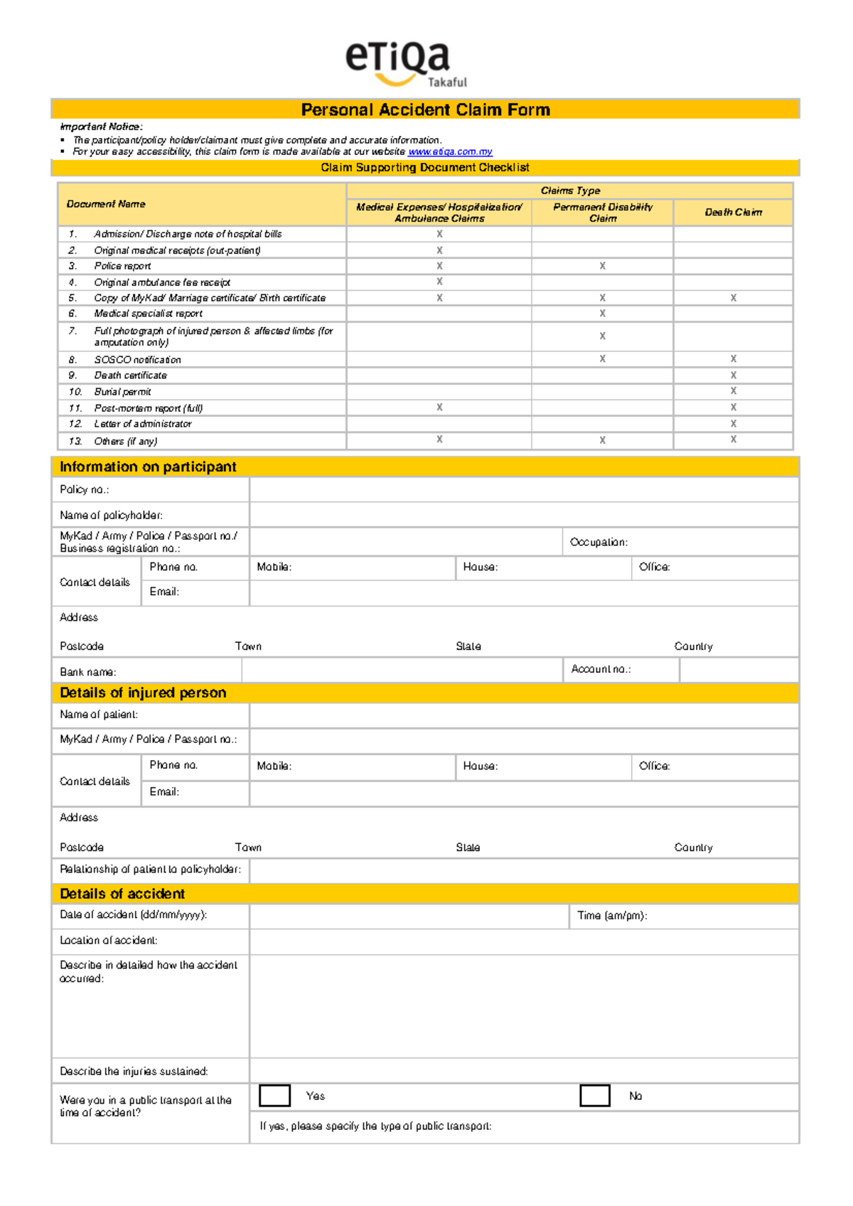 6- Etiqa - Personal Accident Claim Form and Requirements - Studocu