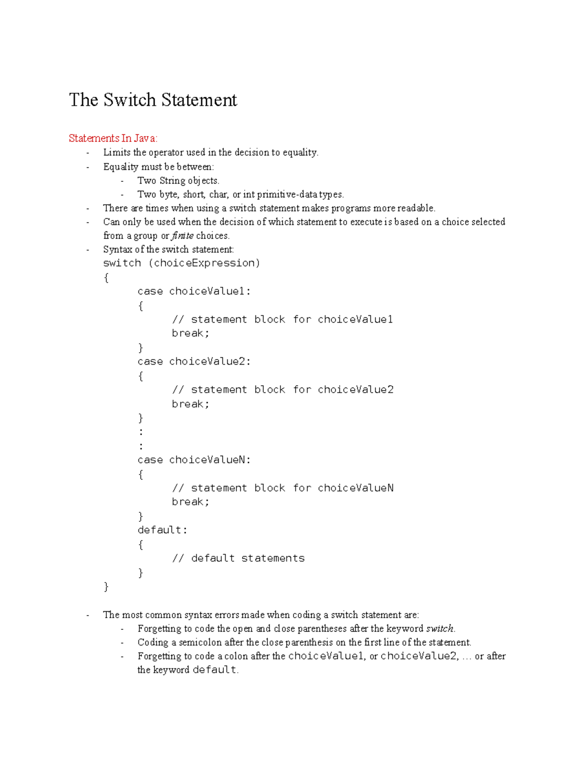 Java Switch Statement Overview And Common Errors The Switch Statement