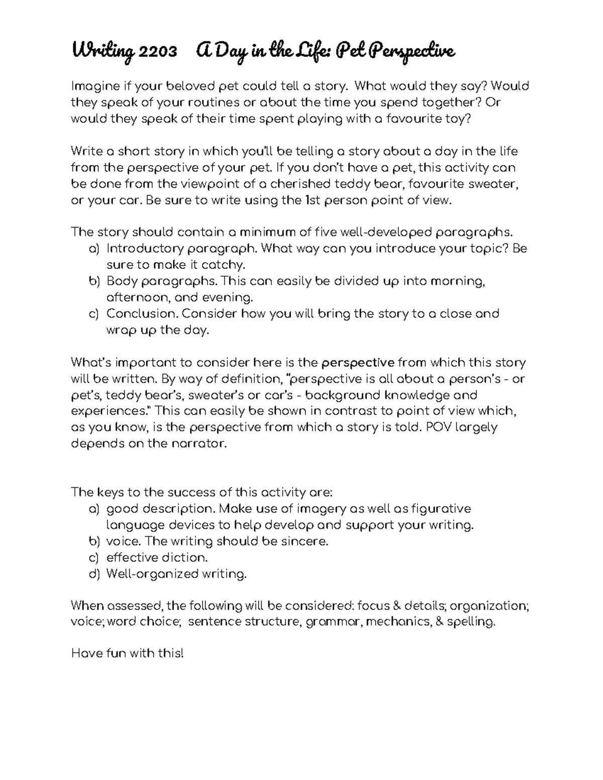 Writing 2203: A Day in the Life from a Pet's POV Essay - Studocu