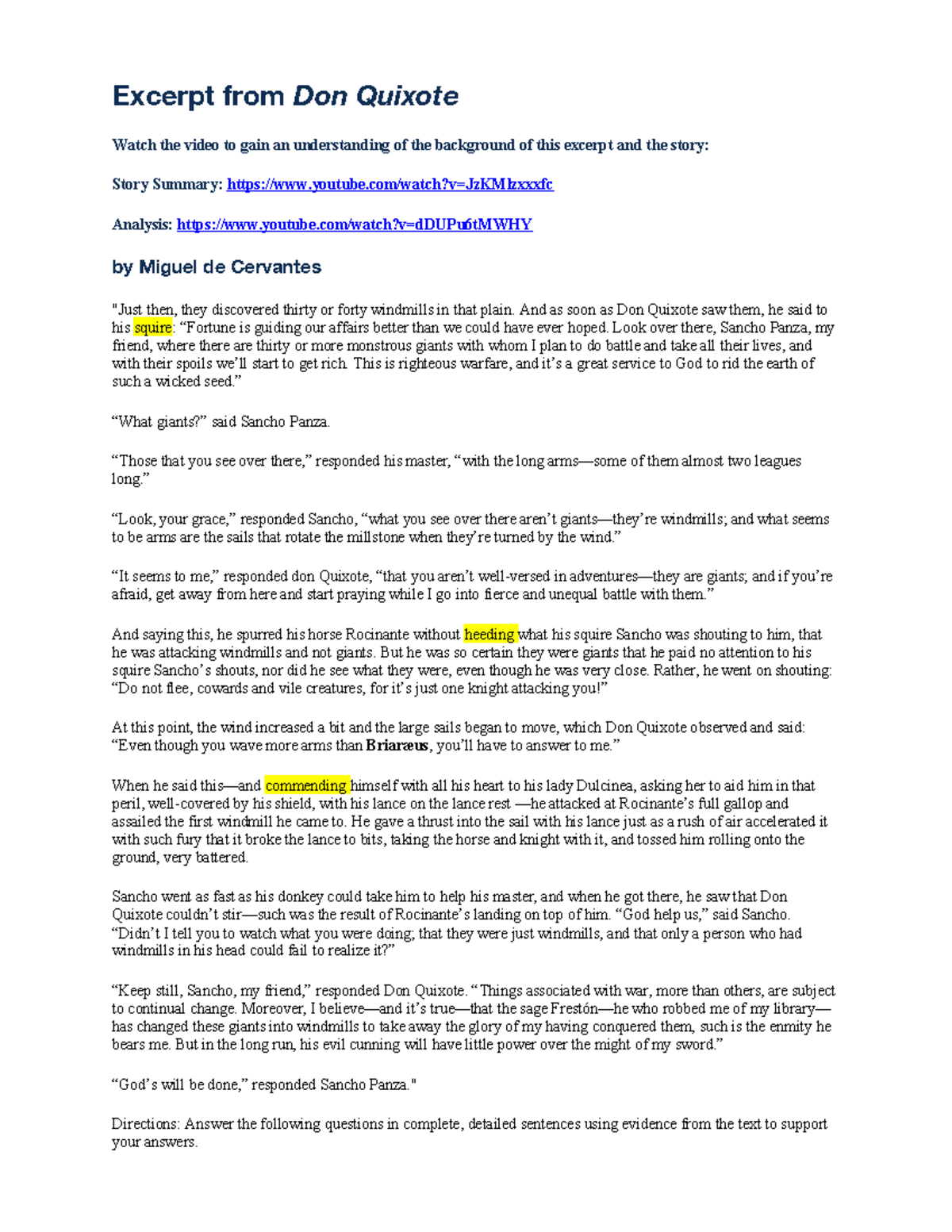 Don Quixote Excerpt Analysis: Understanding the Windmill Encounter ...