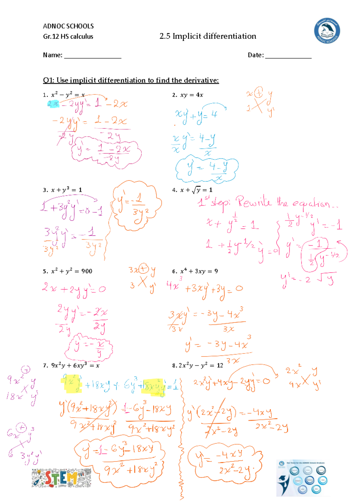 Amswer Key for Implicit differentiation - ADNOC SCHOOLS Gr HS calculus ...