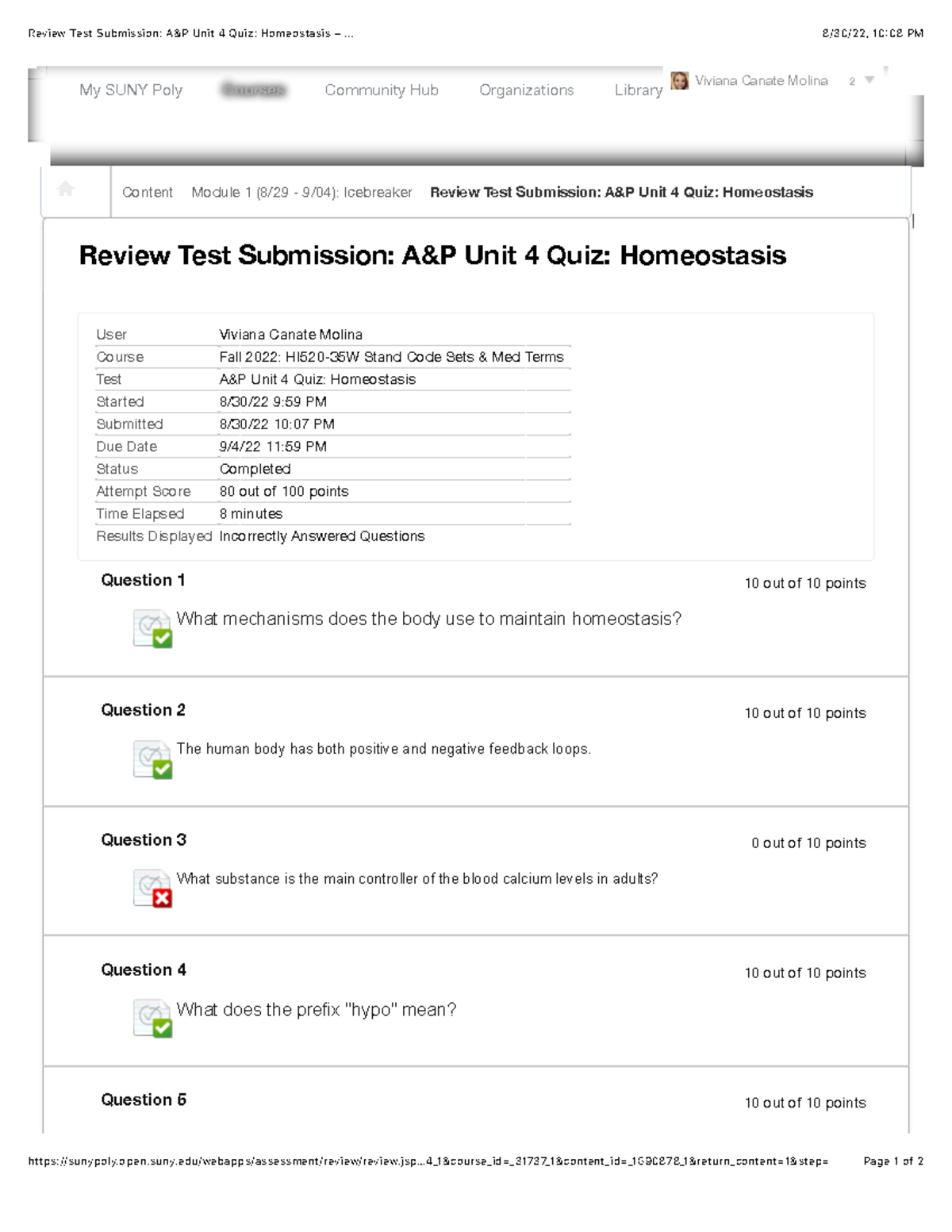 A&P HI52035W Unit 4 Quiz: Homeostasis Review and Results - Studocu