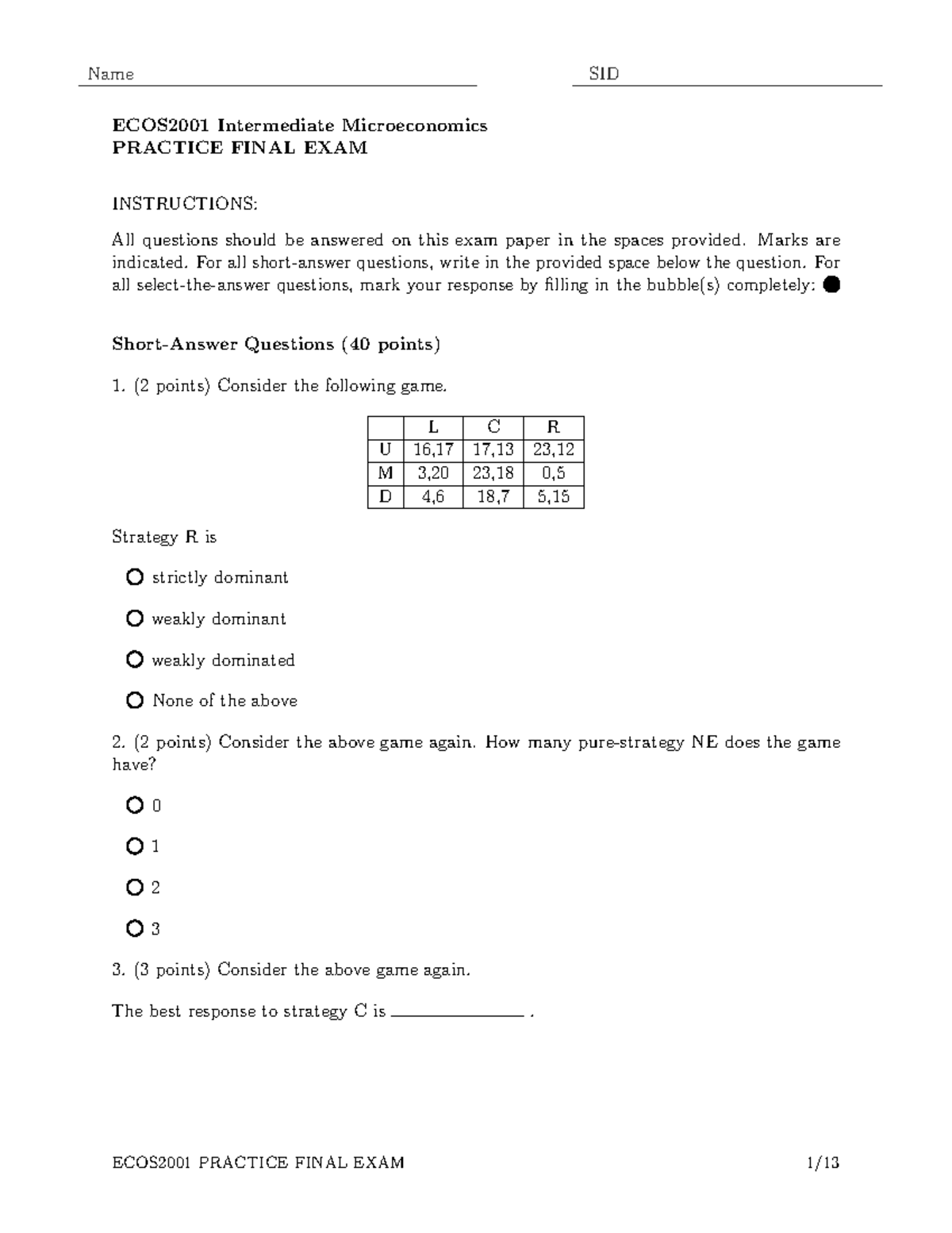 ECOS2001 Intermediate Microeconomics PRACTICE FINAL EXAM Guide - Studocu