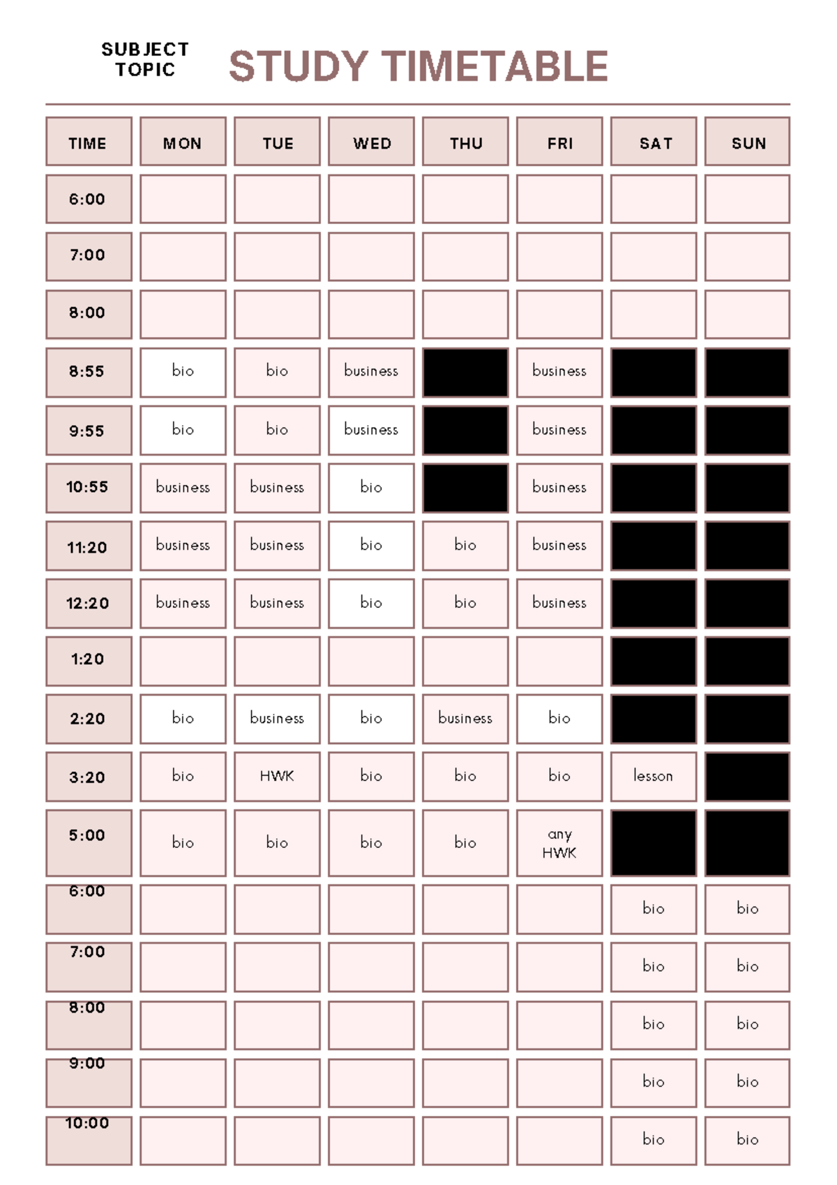 Pink & White Minimalist Study Timetable Planner - STUDY TIMETABLE bio ...