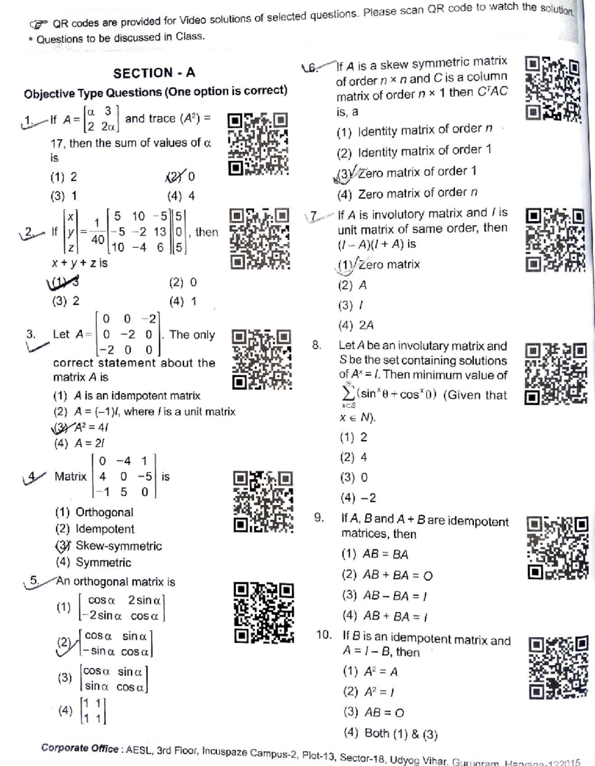 Matrices JEE (Advanced) Solutions to Selected Questions - Studocu