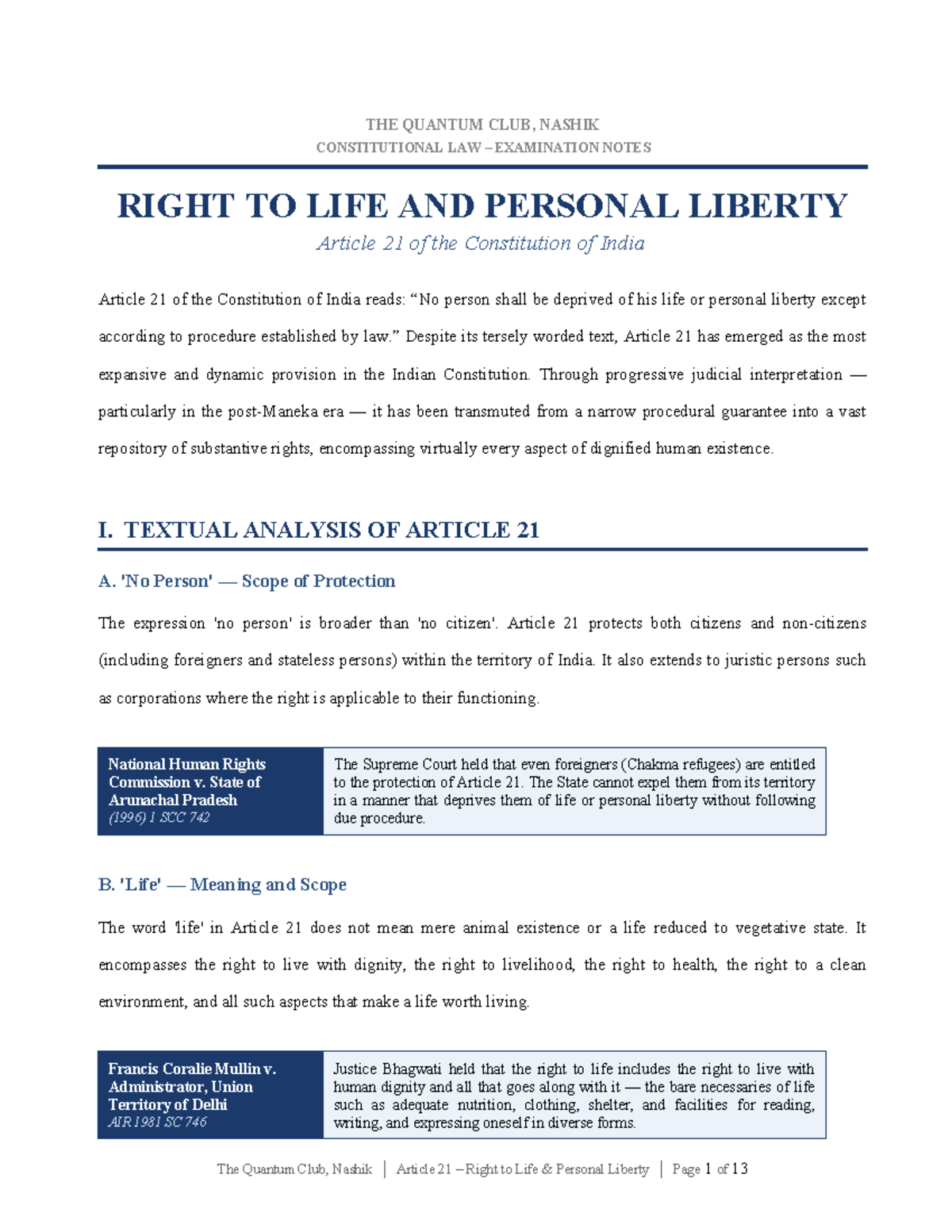 Article 21: Right to Life & Personal Liberty - Constitutional Law Notes ...