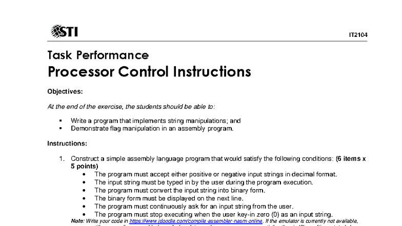 IT2104 Assembly Language Program: String to Binary Conversion Task ...