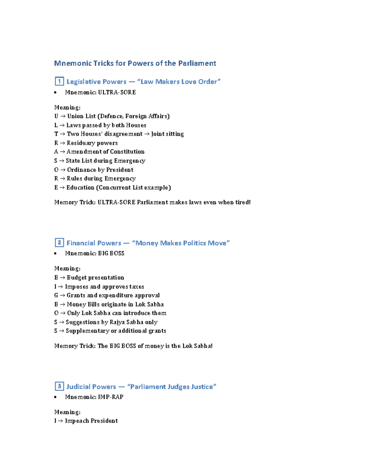 Parliament Powers Mnemonics: Tricks for Legislative, Financial ...