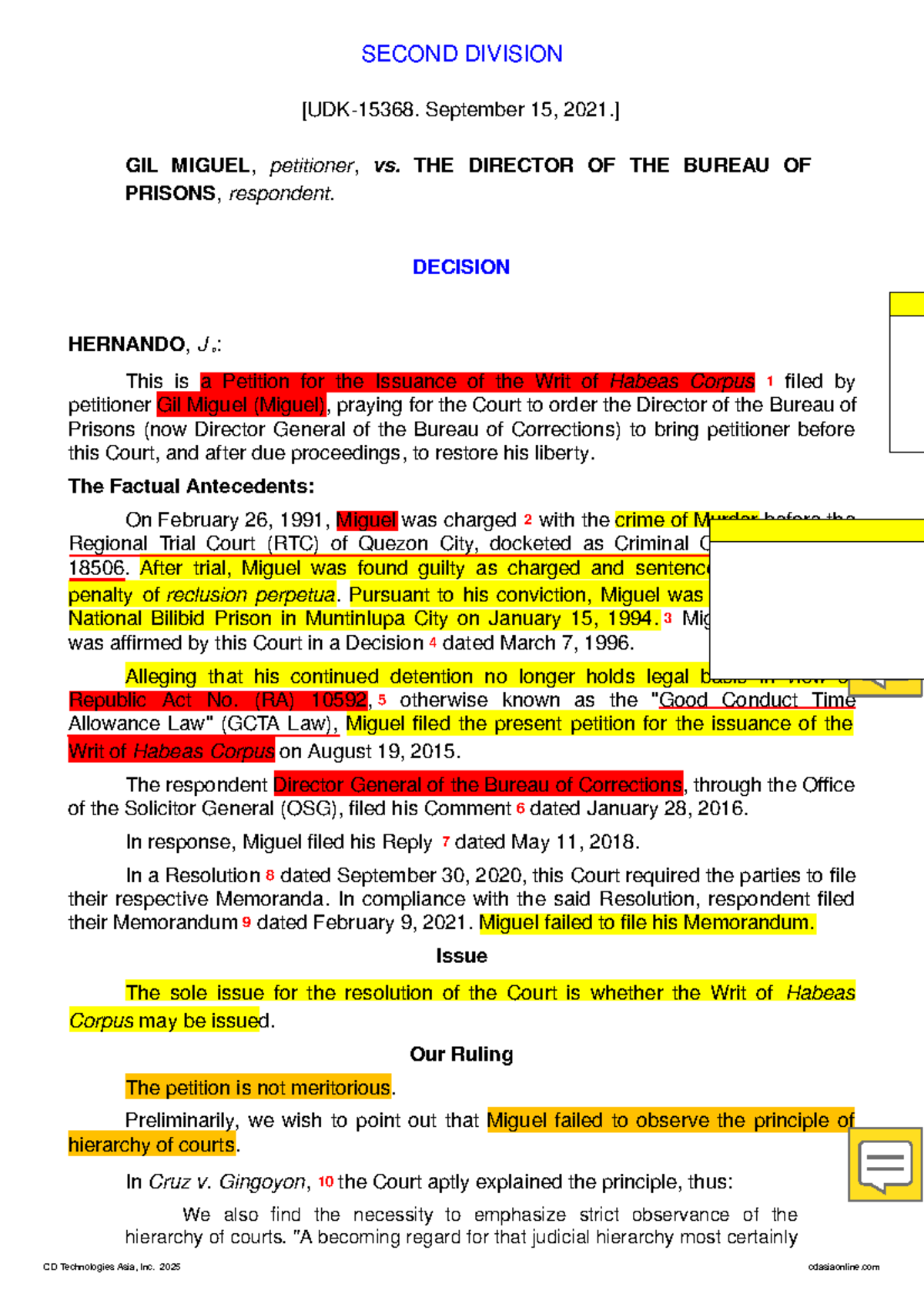 Case Study: 01Miguel vs. Director of the Bureau of Prisons - Writ of ...
