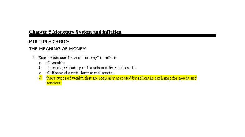 Chapter 5: Monetary System & Inflation MCQs (2022) - Studocu