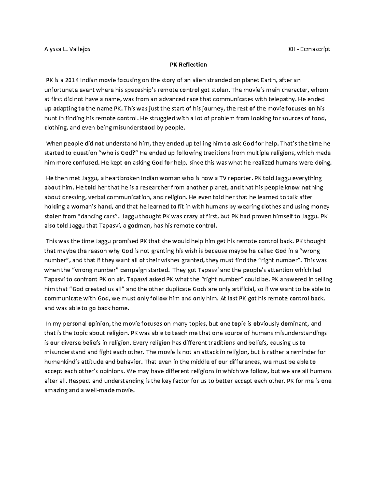 ReflectionPaper_PK - Alyssa L. Vallejos XII - Ecmascript PK Reflection ...