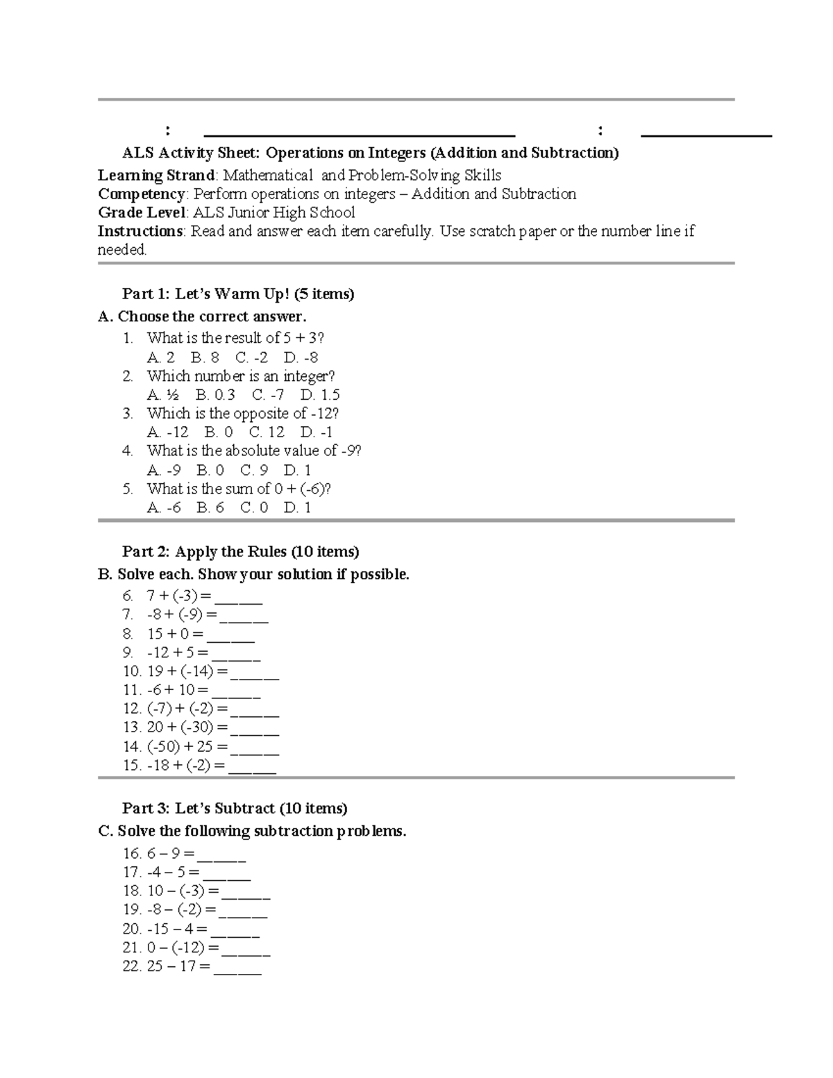 ALS Activity Sheet: Operations on Integers (Addition & Subtraction ...