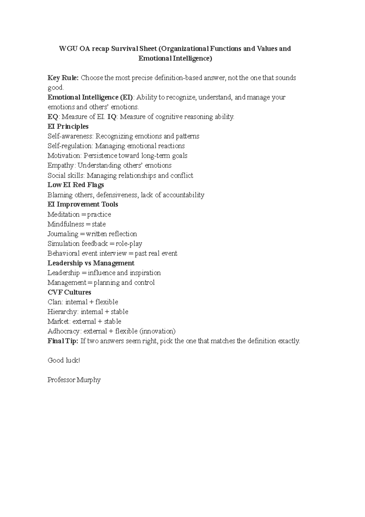 WGU OA Final Exam Survival Sheet: EI & Org Functions - Studocu