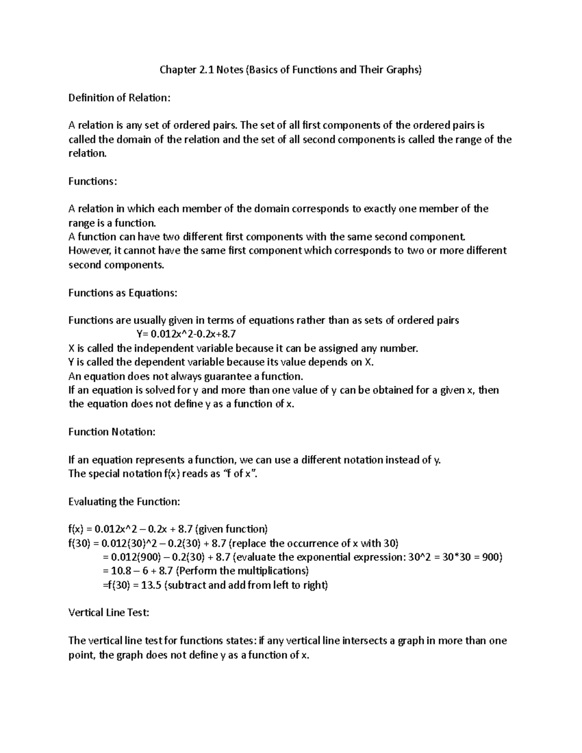Chapter 2.1 Notes - Chapter 2 Notes (Basics of Functions and Their ...