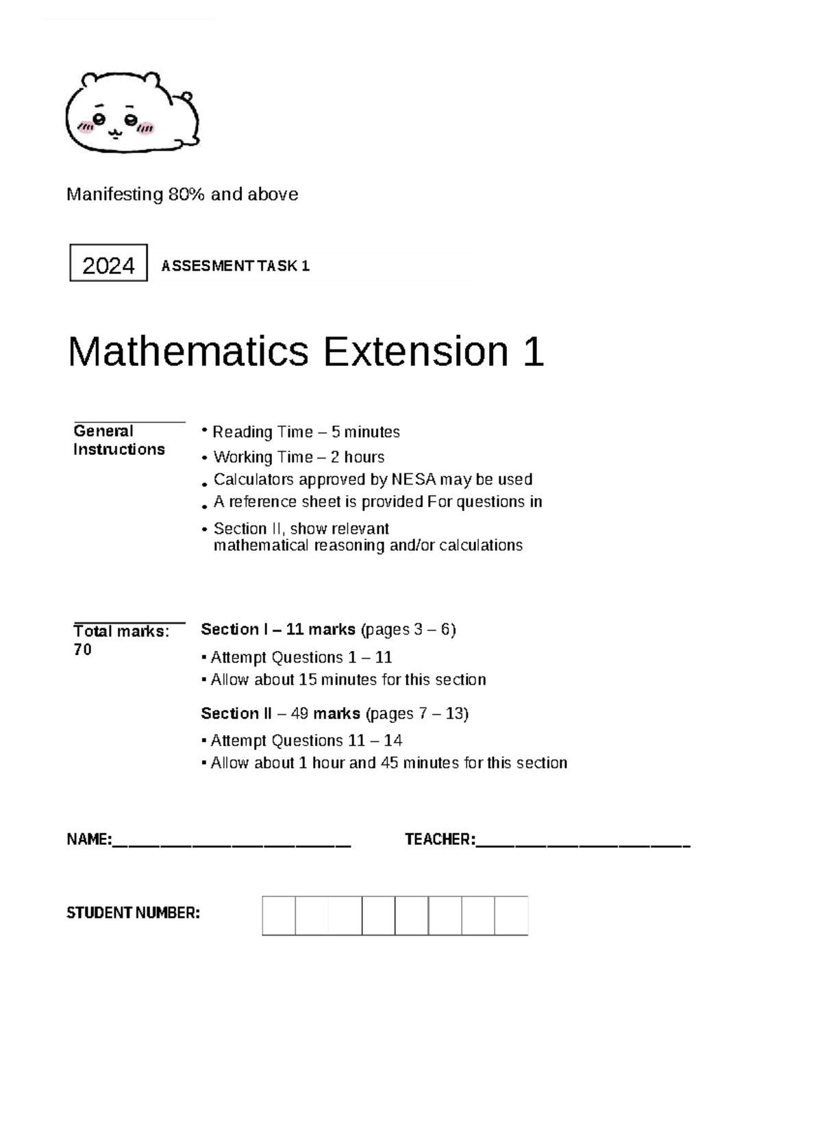 Mathematics Extension 1 2024 Assessment Task 1 Guide - Studocu
