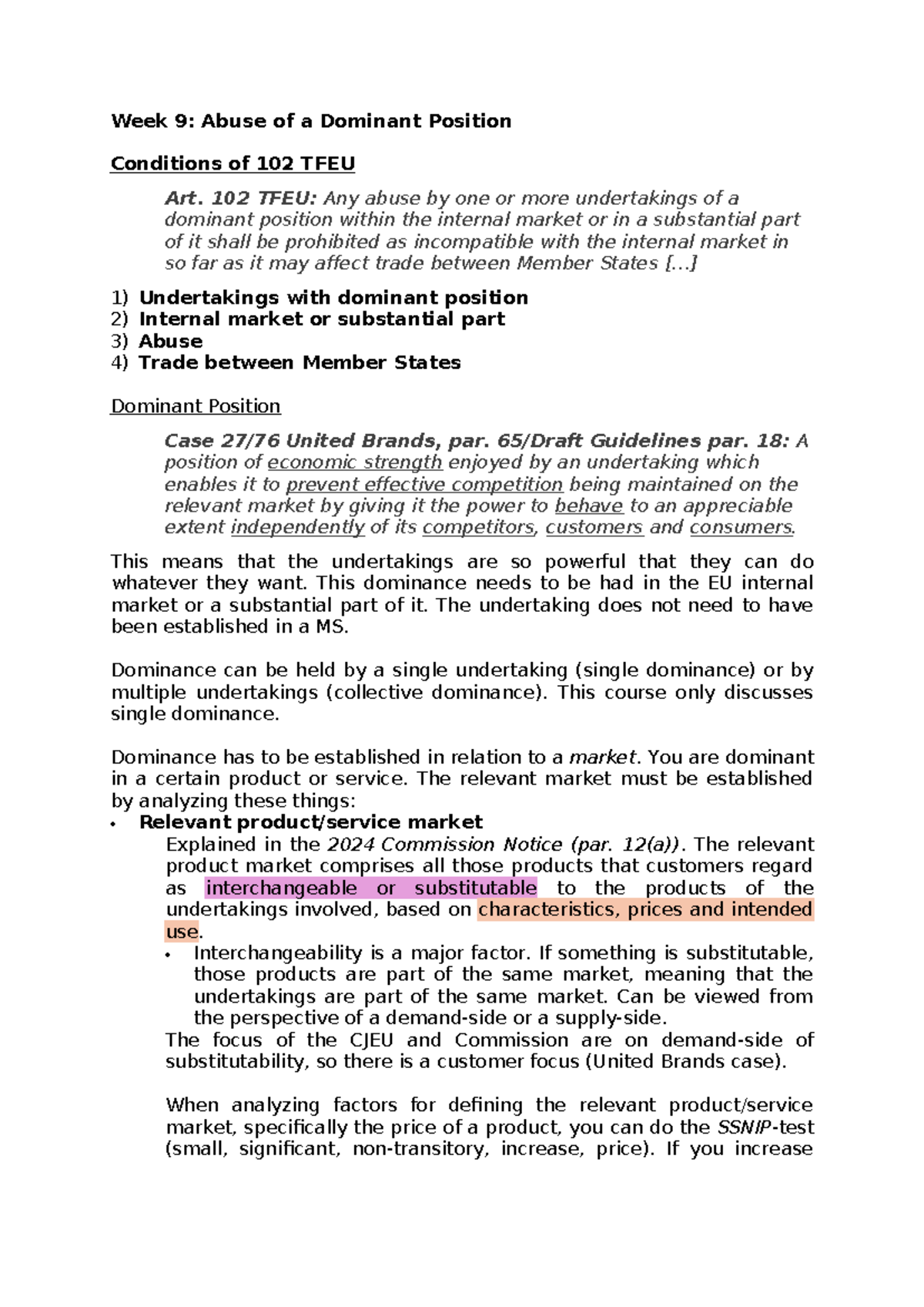 Lecture 9: Abuse of a Dominant Position Under Art. 102 TFEU - Studeersnel