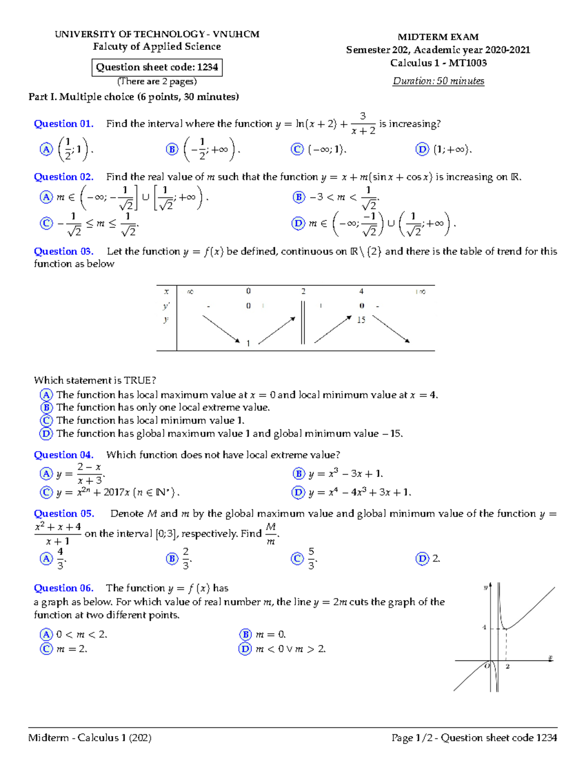 Midterm Exam Calculus 1 (MT1003) - Question Sheet & Answers - Studocu