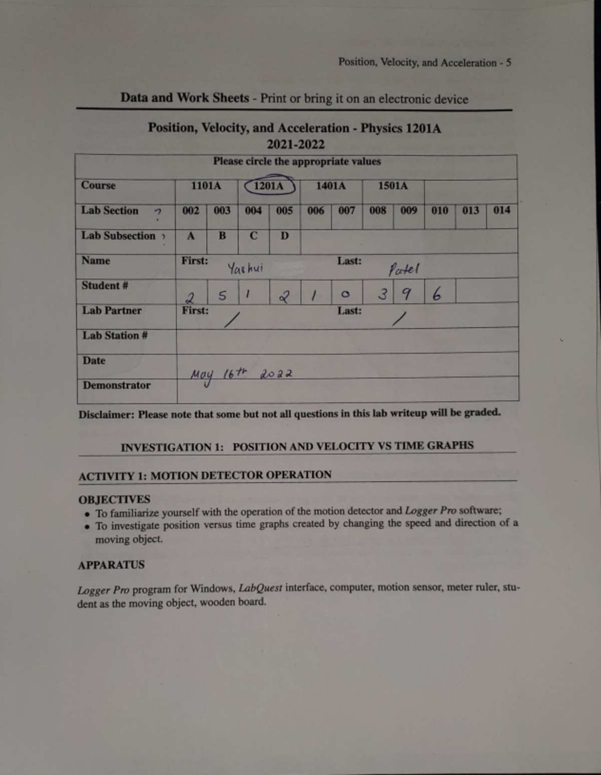 Position, Velocity, and Acceleration Lab Report - Studocu