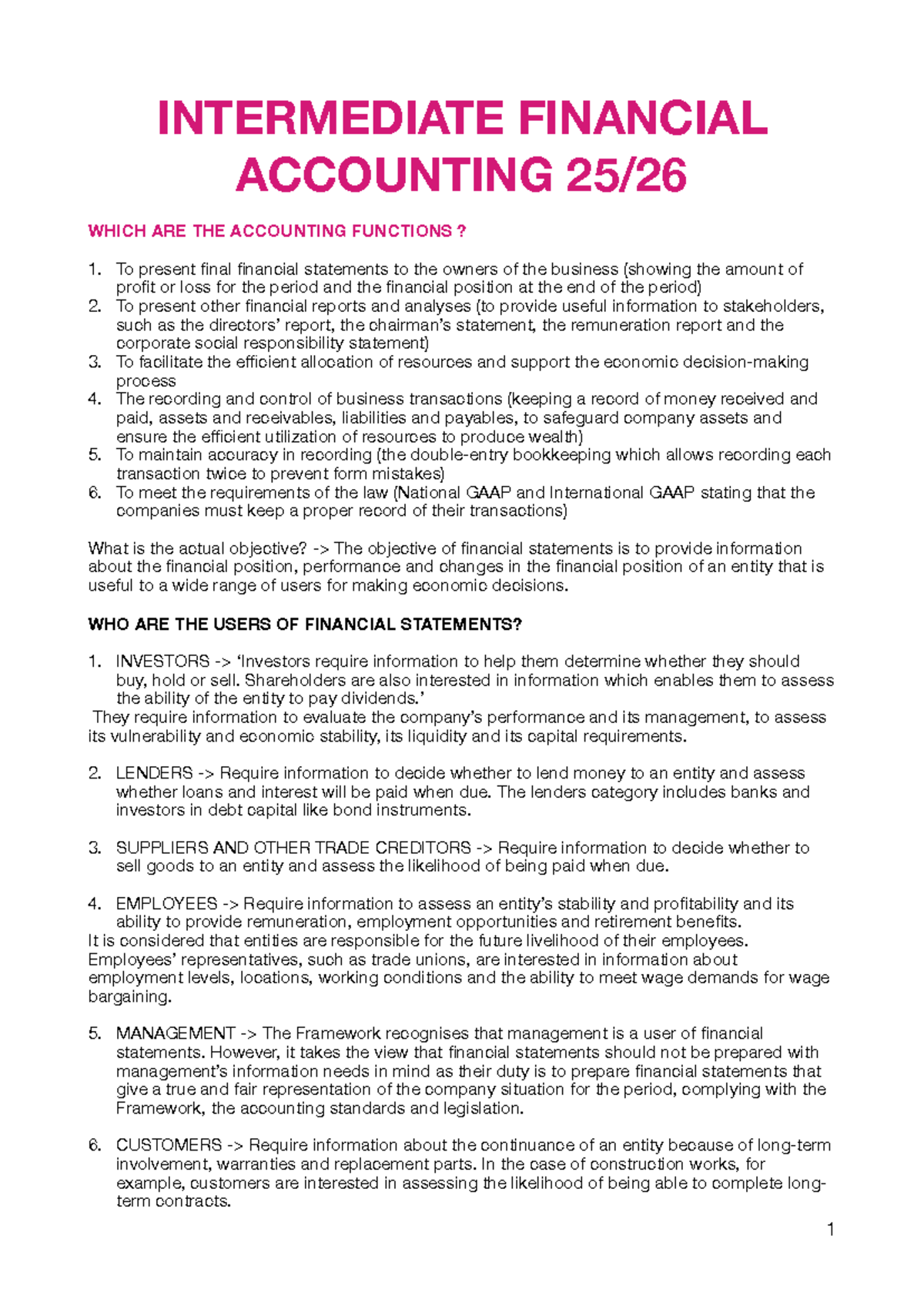 Intermediate Financial Accounting Notes: Key Functions and Users - Studocu