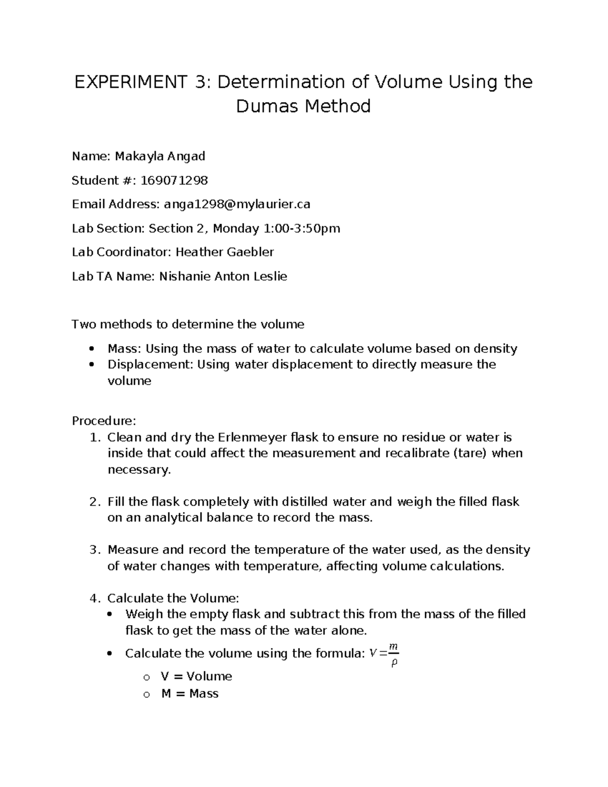 Experiment 3 Determination of Volume Using the Dumas Method ...