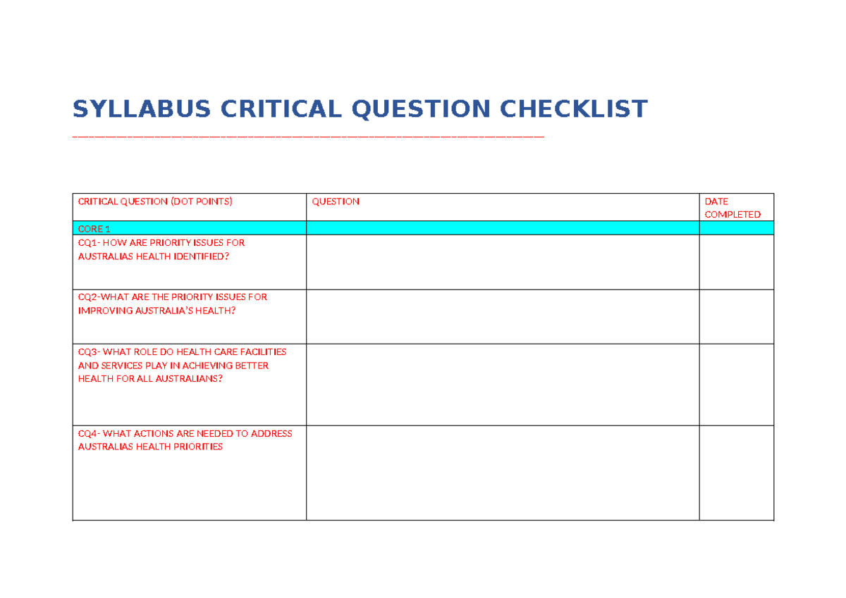 Syllabus Checklist: Critical Questions for Health & Performance (Core 1 ...