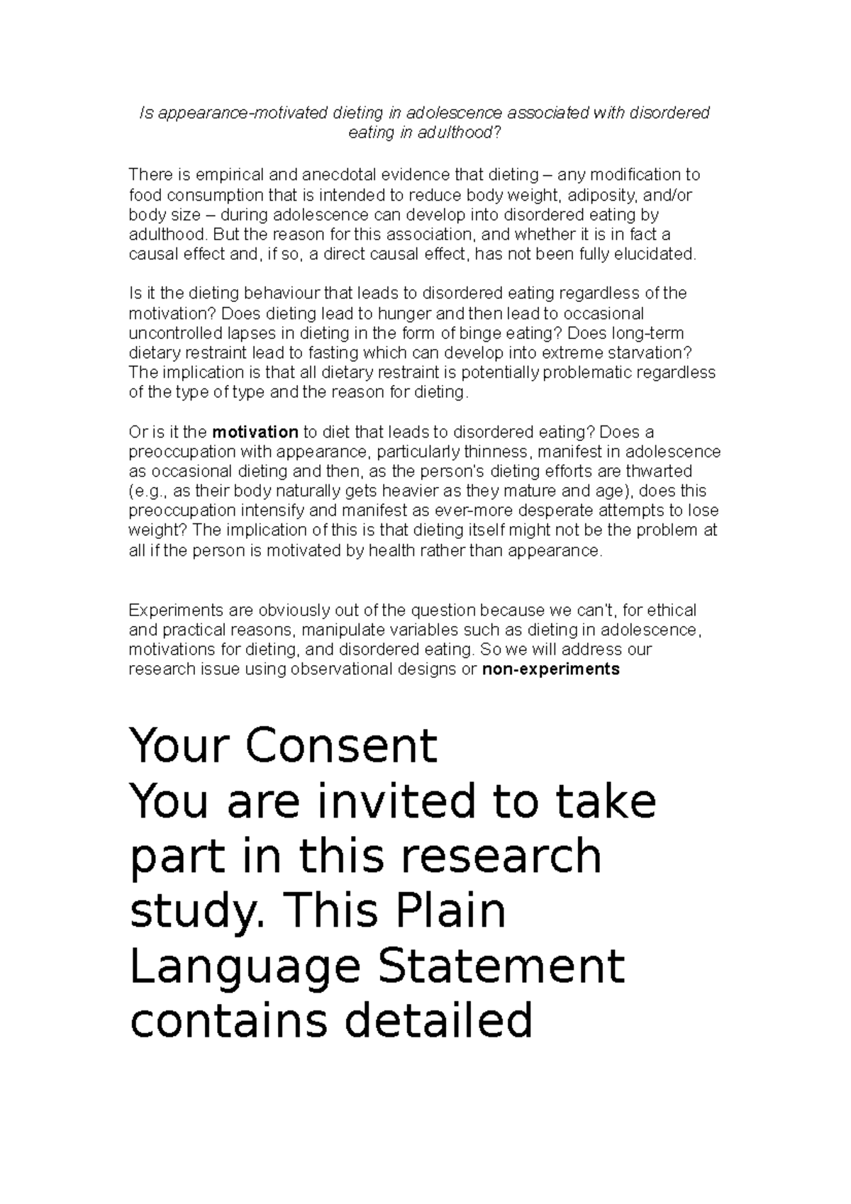 PART D - Plain Language Statement - Is appearance-motivated dieting in ...