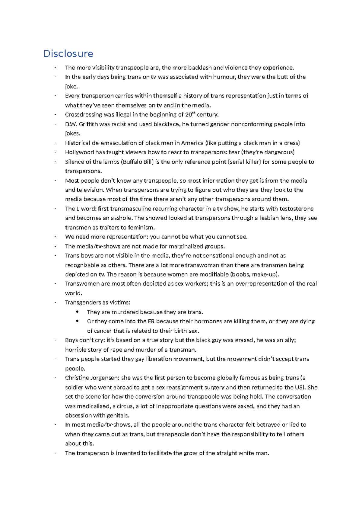 Summary of Documentary: Disclosure on Trans Representation - Studocu