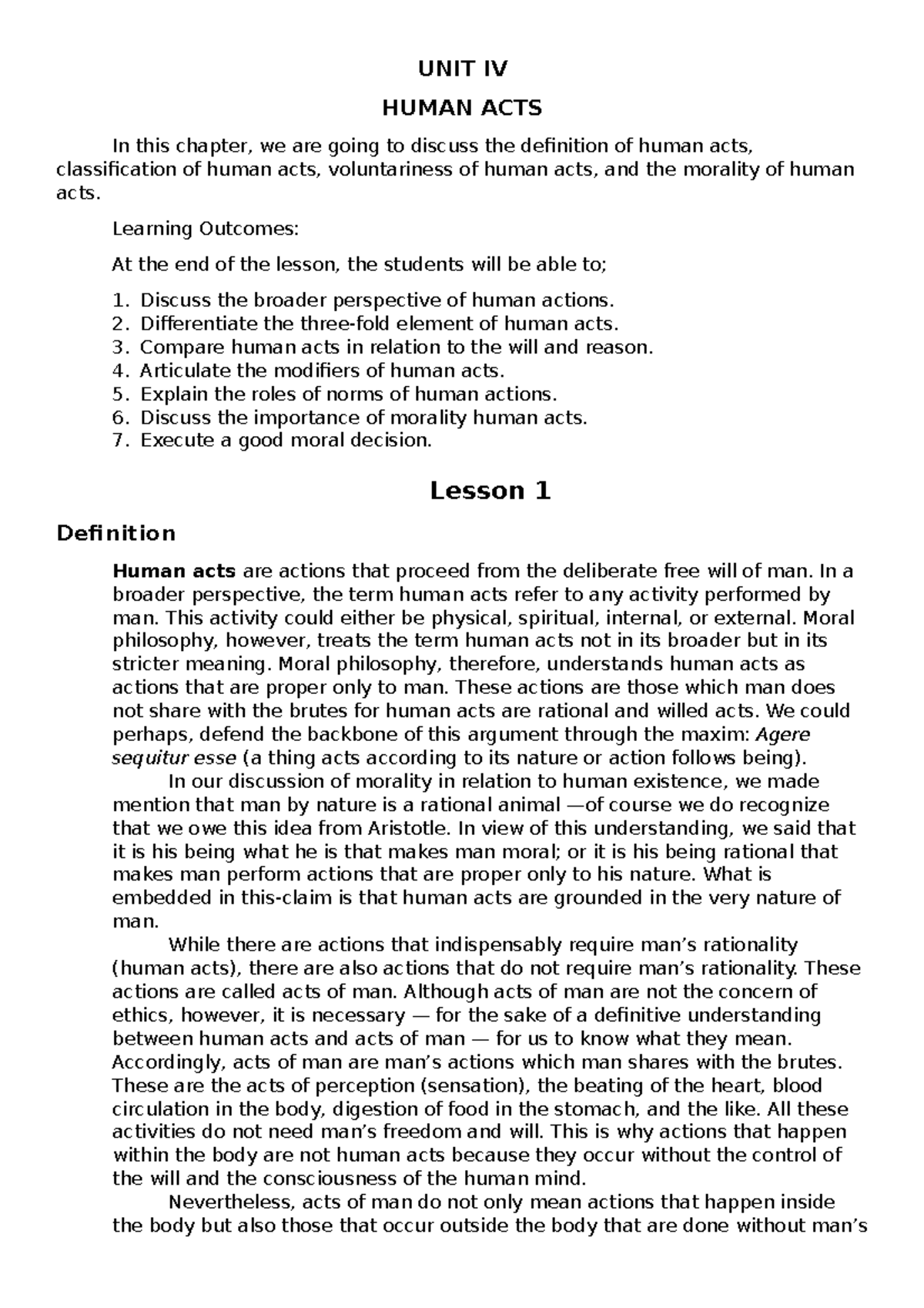 Unit 4: Human Acts - Lecture Notes and Key Concepts for Clarity - Studocu