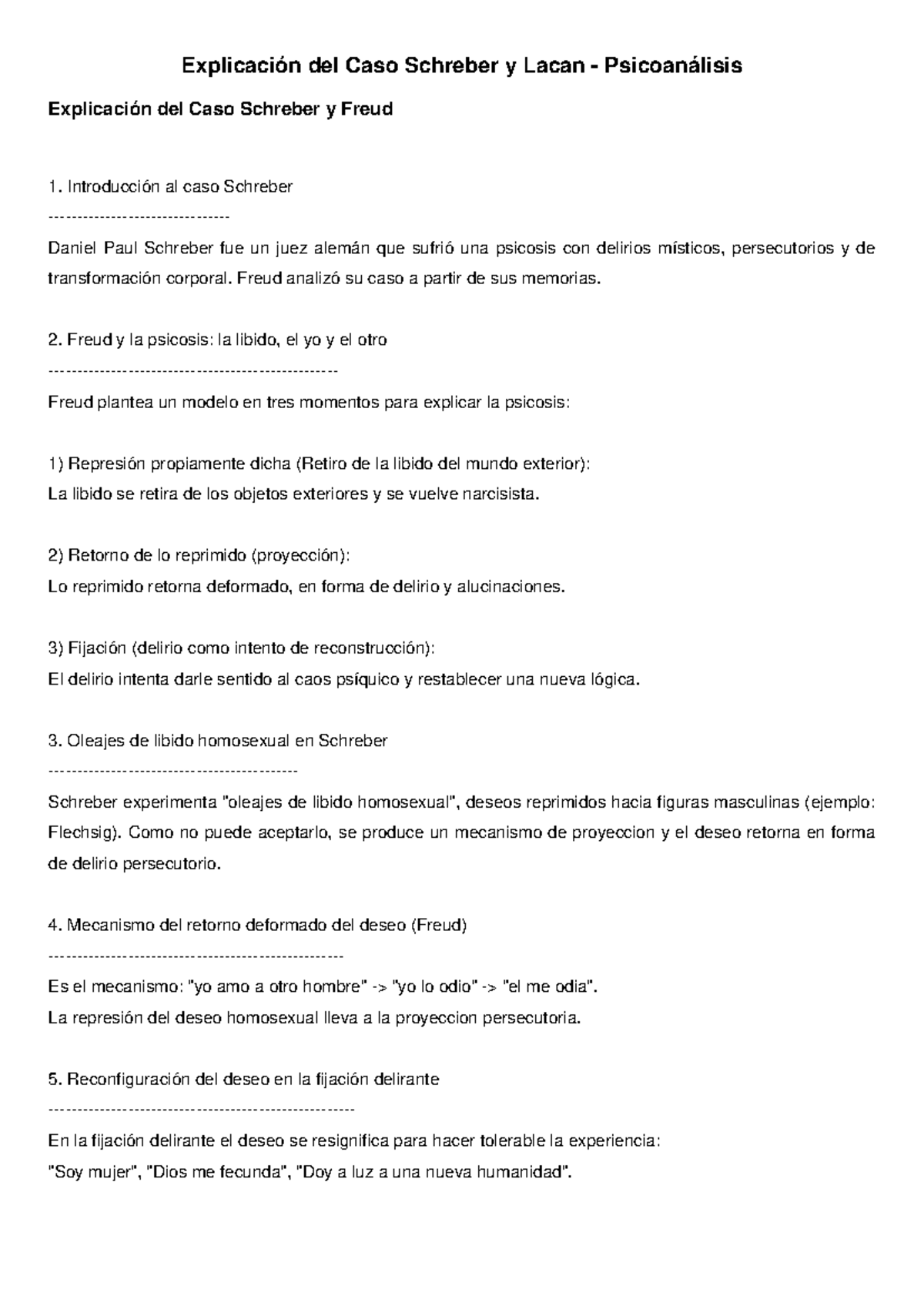 Explicación del Caso Schreber y Freud: Psicoanálisis y Delirio - Studocu