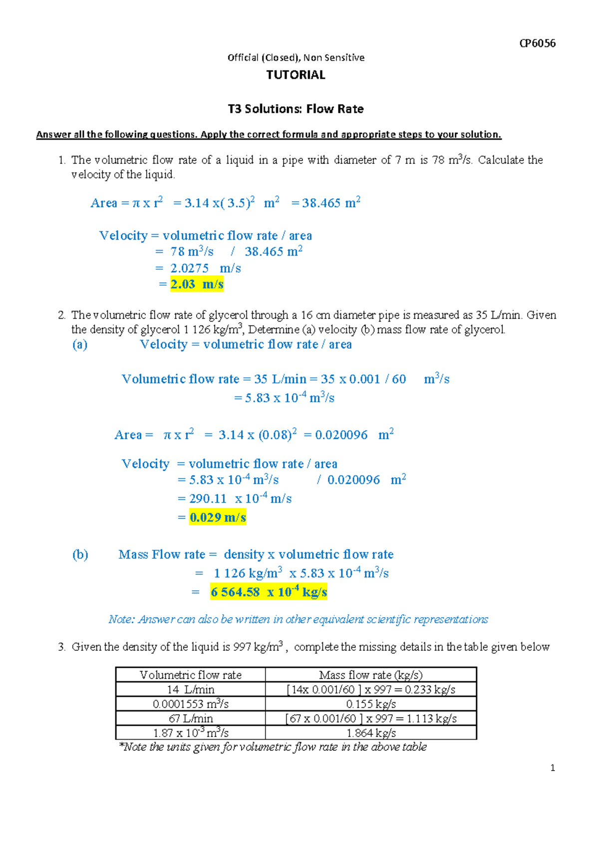 CP6056 T3 Tutorial Solutions: Flow Rate Calculations - Studocu
