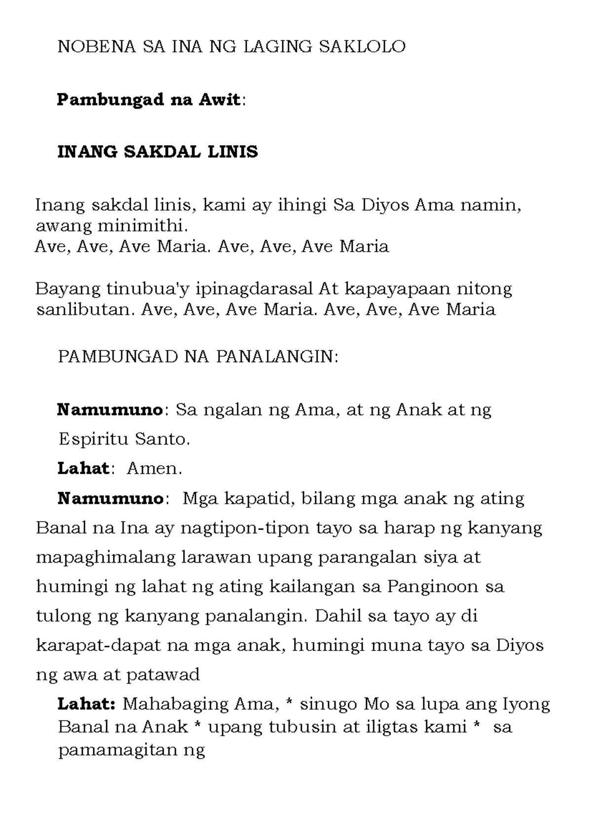 Novena sa Ina ng Laging Saklolo: Panalangin at Awit - Studocu