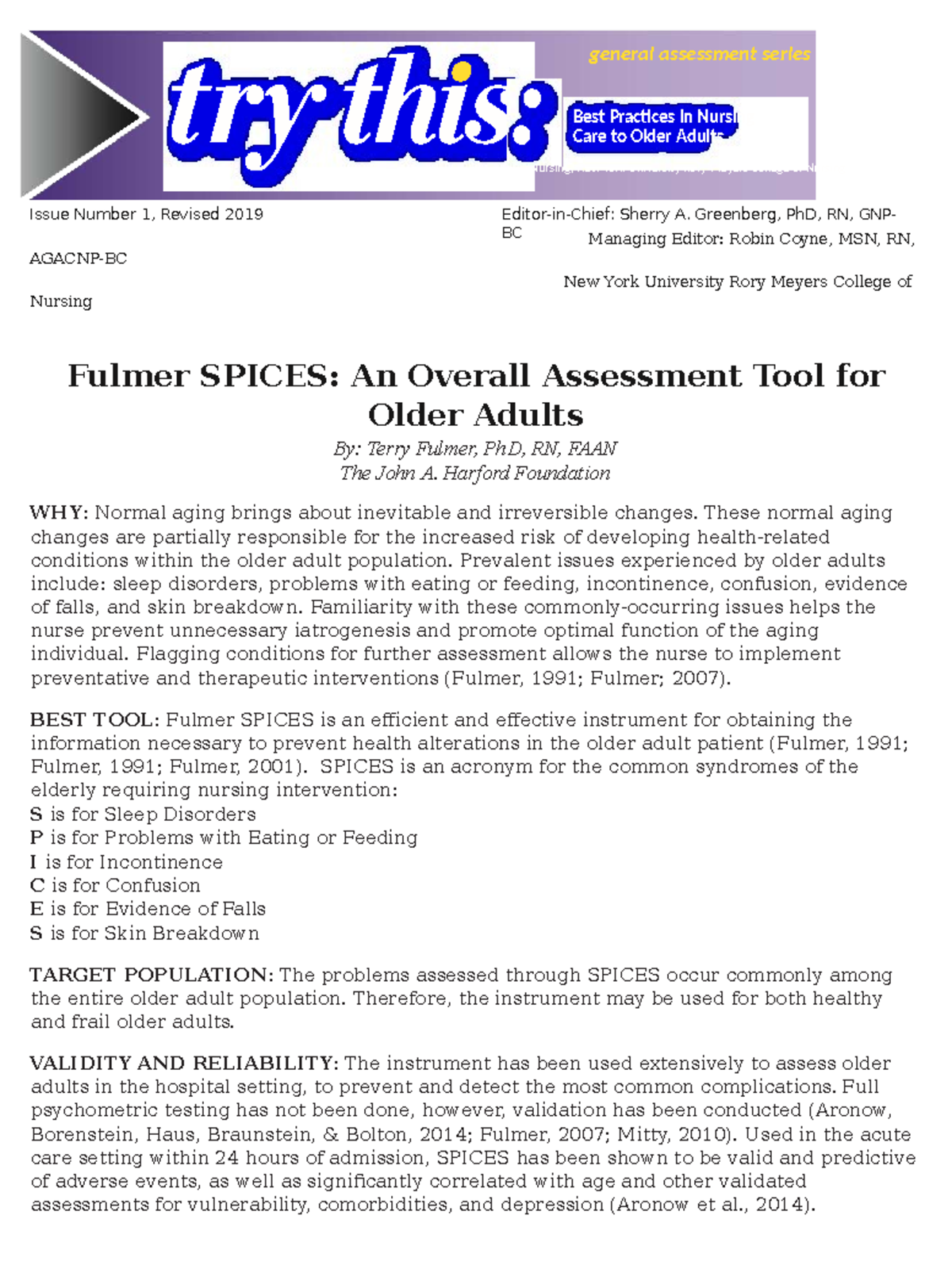 Best Practices in Nursing Care for Older Adults: SPICES Assessment ...