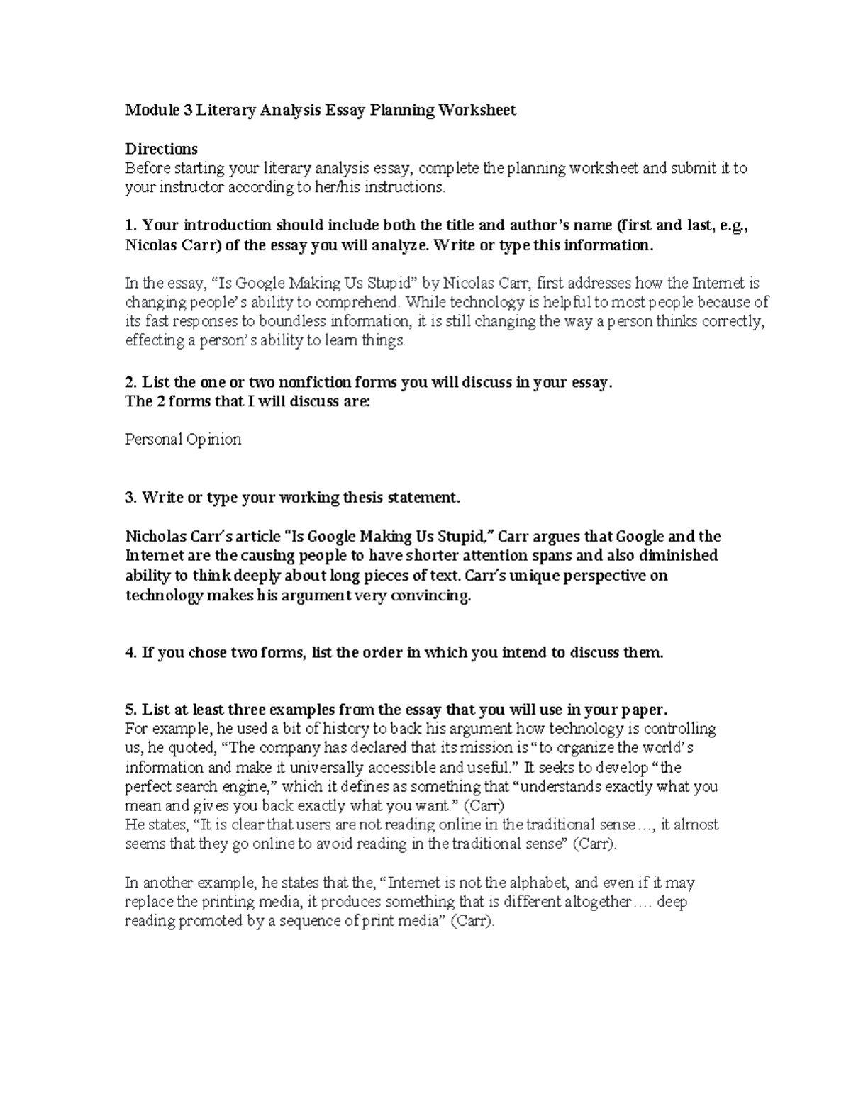 ENC 1102 - Module 3 Literary Analysis Essay Planning Worksheet - Studocu