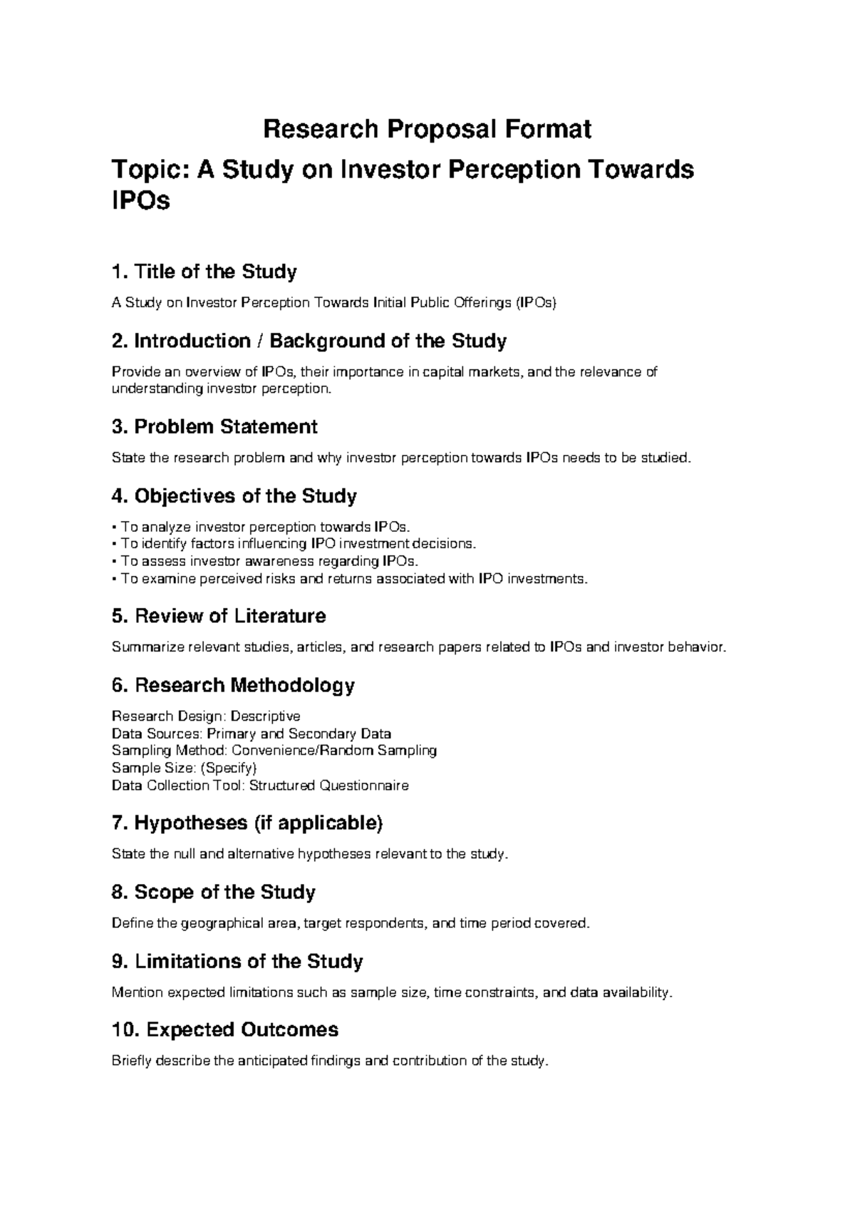 Research Proposal Format: Investor Perception on IPOs - Studocu