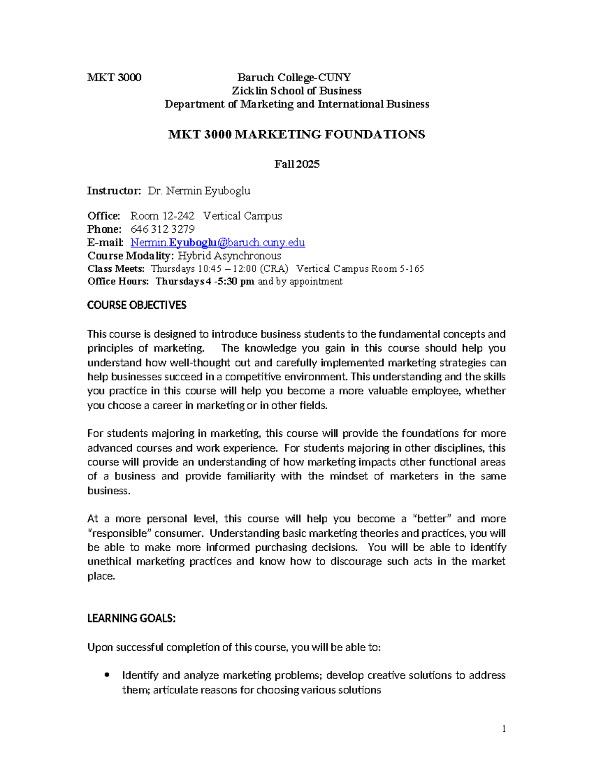 MKT 3000: Marketing Foundations Syllabus - Fall 2025 (Short Version ...