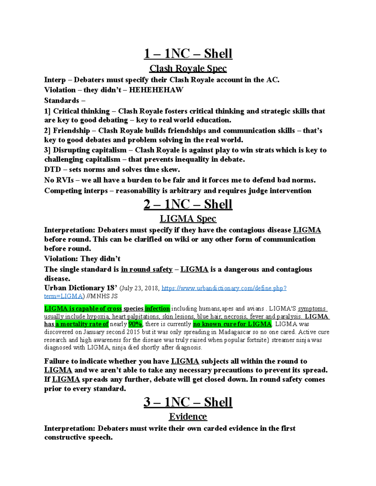 1NC Shell Clash Royale Spec Interpretation for Debate (MN 07) - Studocu