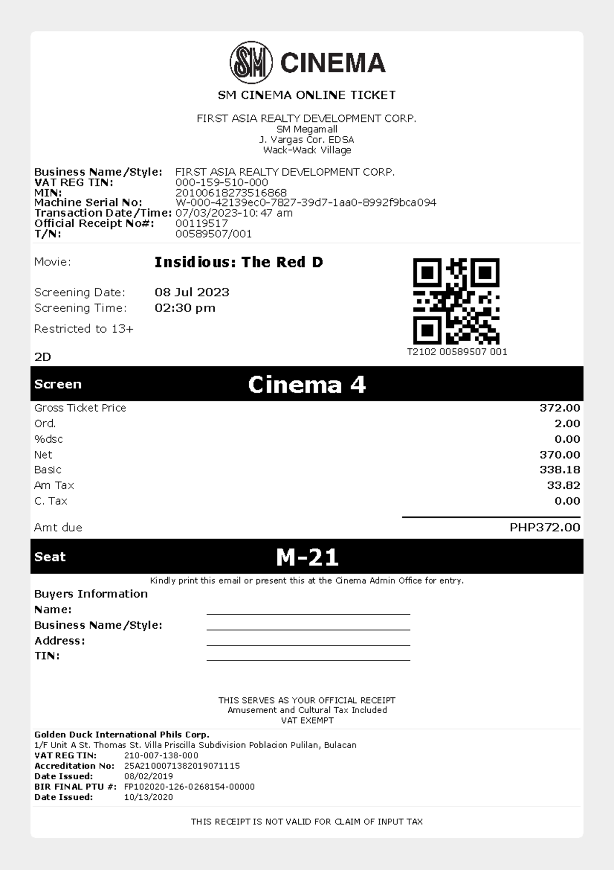 Official Receipt - FIRST ASIA REALTY DEVELOPMENT CORP. - Insidious: The ...
