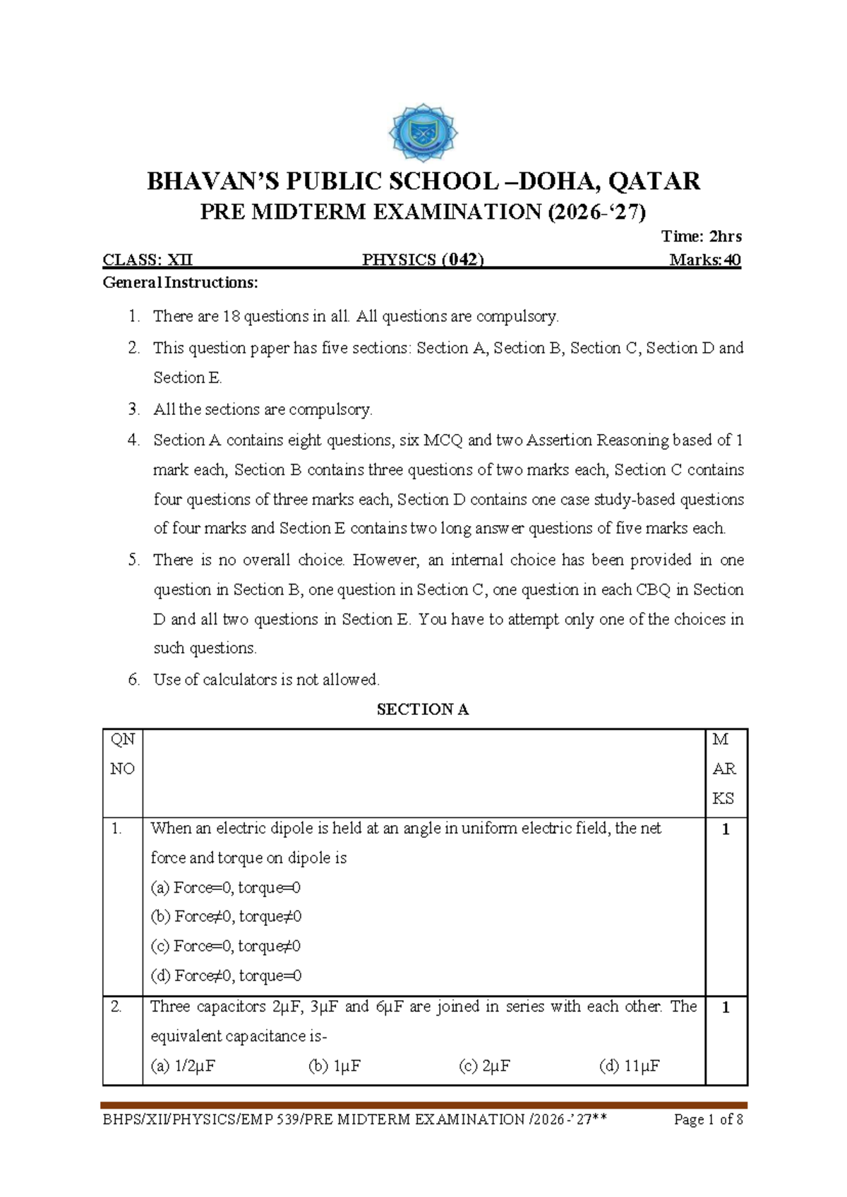 PHYSICS (042) XII PRE MIDTERM EXAMINATION - 2hrs, 40 Marks - Studocu