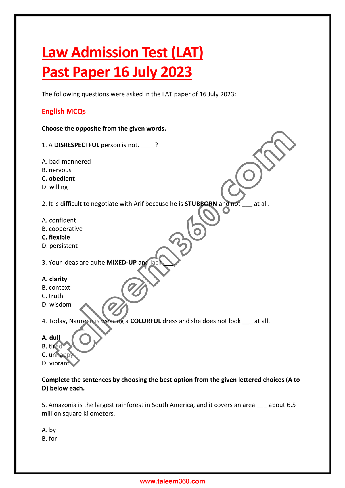 LAT Past Paper MCQs - 16 July 2023 Exam Review - Studocu