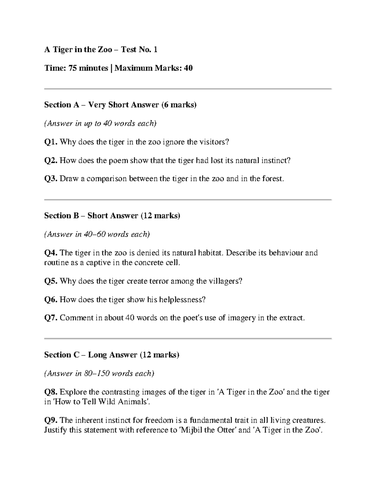 A Tiger in the Zoo Test 1: Comprehensive Analysis and Solutions - Studocu