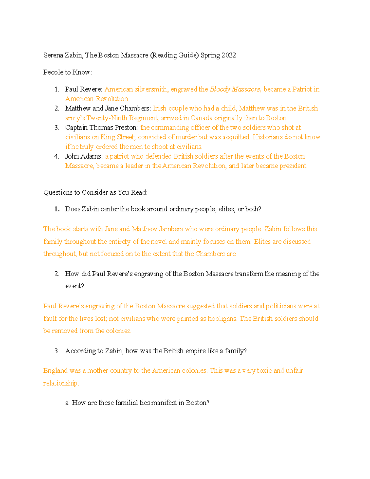 The Boston Massacre: Key Insights and Questions (Reading Guide) - Studocu