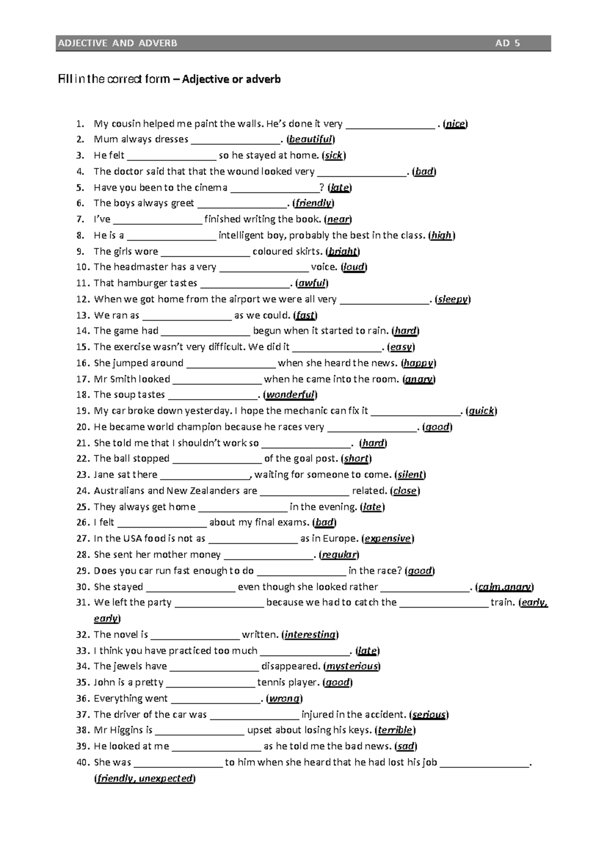 AD 5 Adjective and Adverb Fill-in-the-Blank Exercises - Studocu