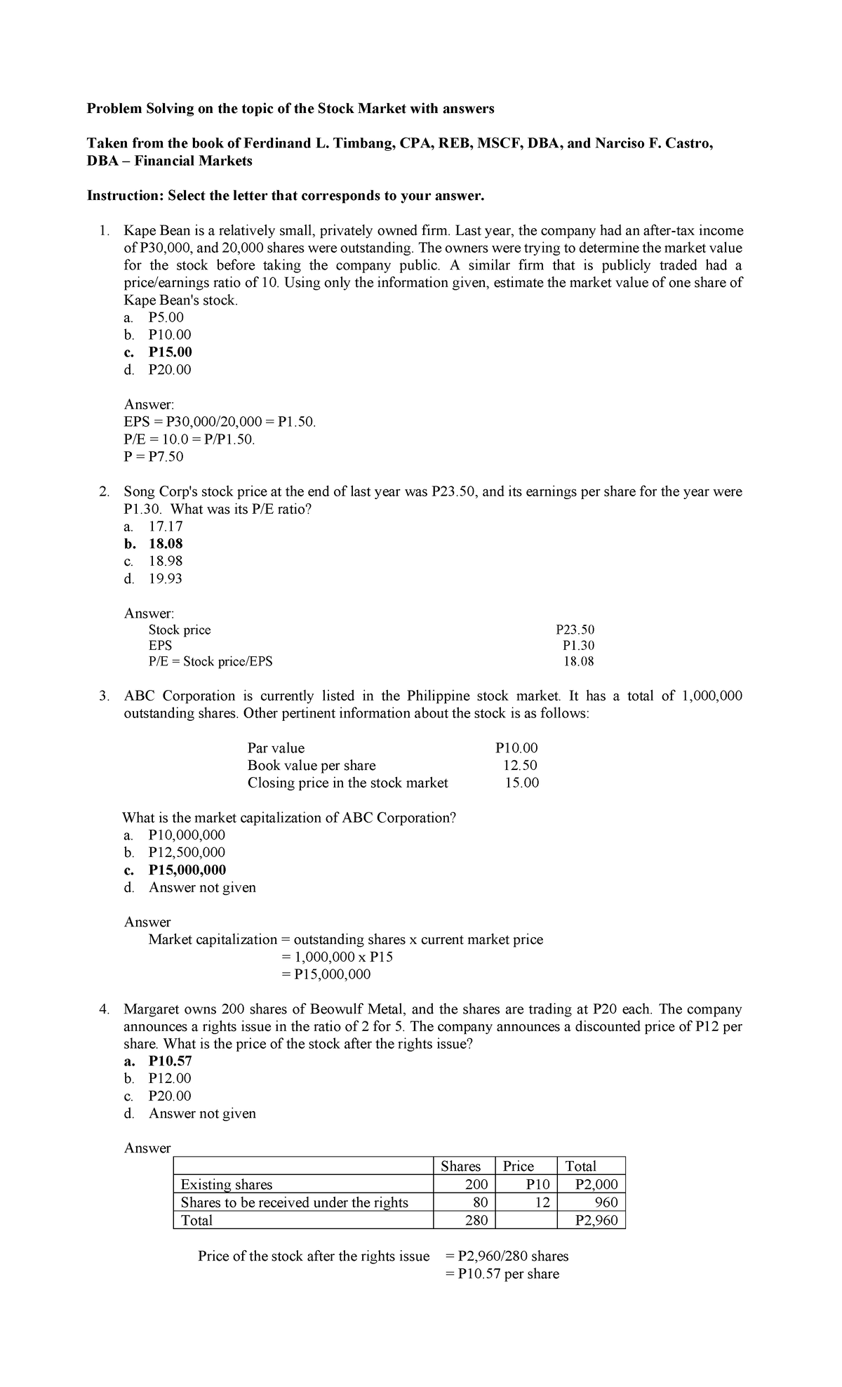 Problem Solving Exercises on Stock Market (FIN 101) with Answers - Studocu