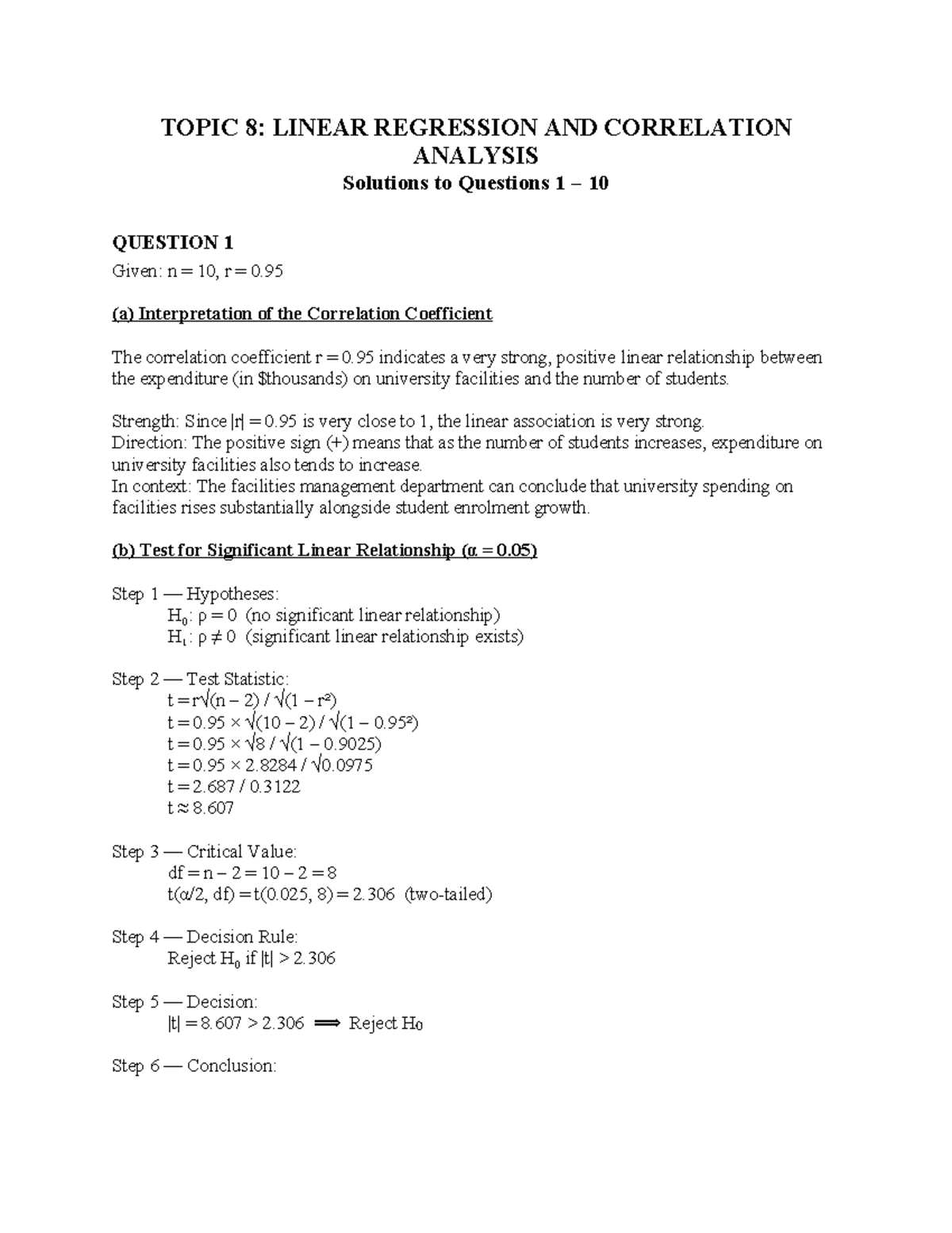 TOPIC 8: Linear Regression & Correlation Analysis Solutions (Q1-Q10 ...