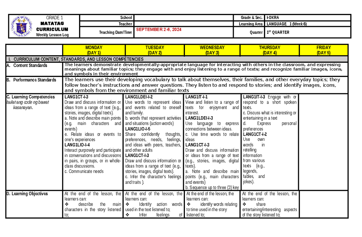 Q1G1 Language 1 Week 6 - Weekly Lesson Plan and Learning Activities ...