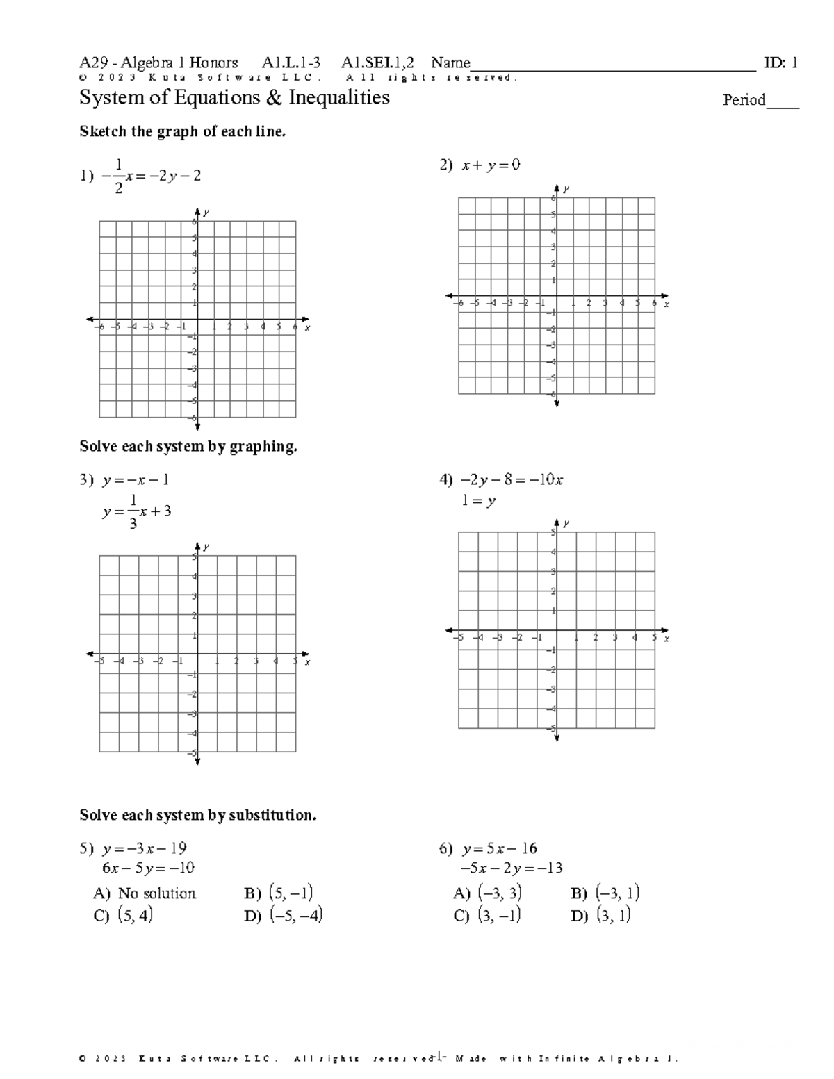 A29 Algebra 1 Honors: Systems of Equations, Substitution & Elimination ...